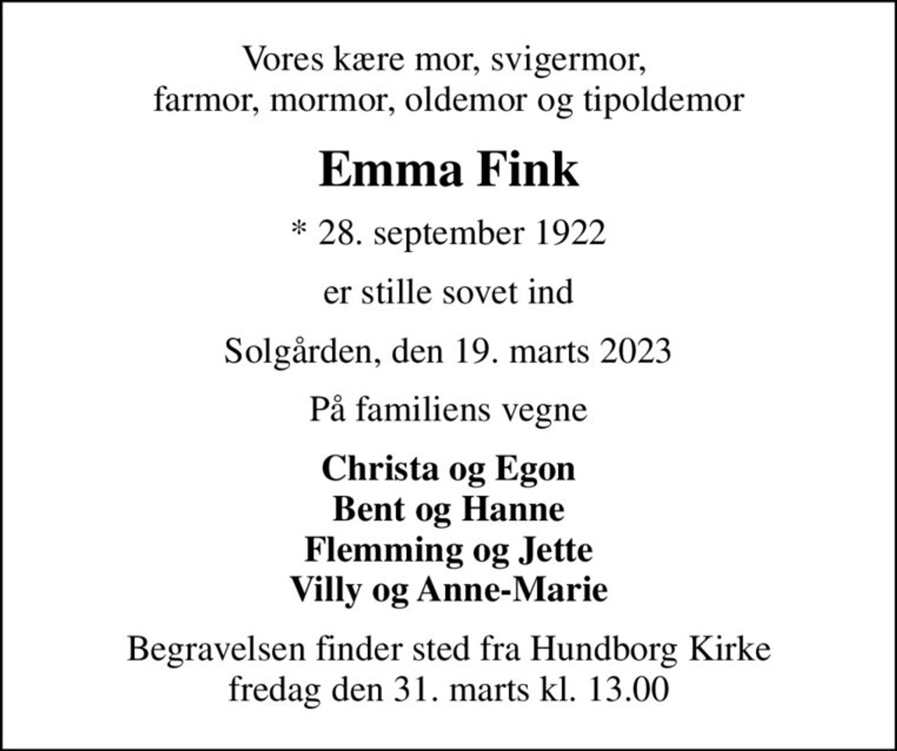 Emma Fink | Dødsannoncer i Danmark