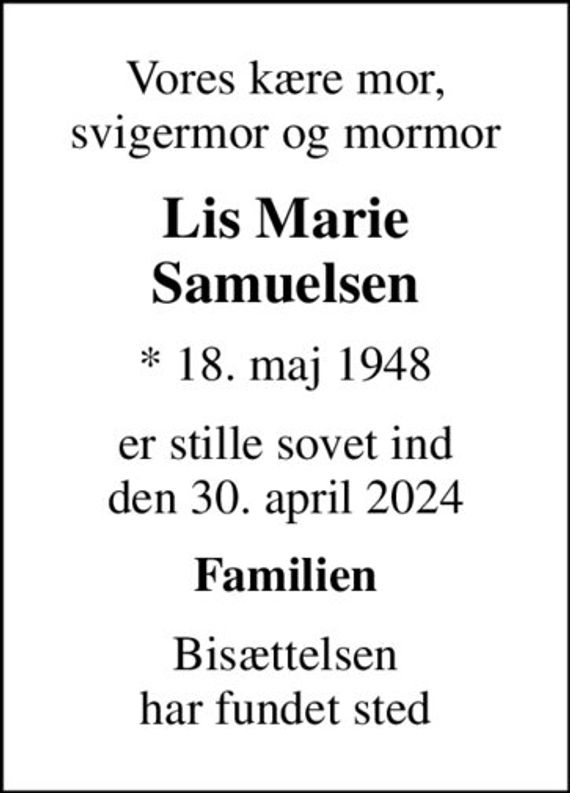 Lis Marie Samuelsen | Dødsannoncer i Danmark