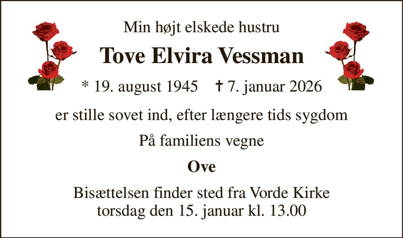 Tove Elvira Vessman | Danmarks største medie for mindesider og dødsannoncer