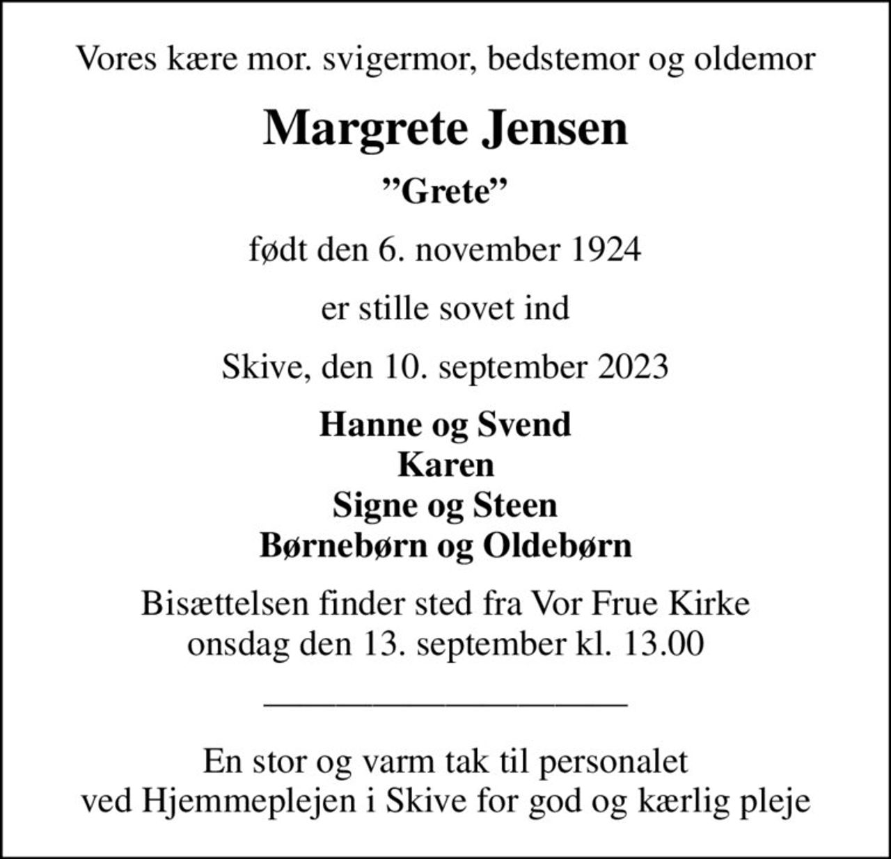 Margrete Jensen | Dødsannoncer i Danmark