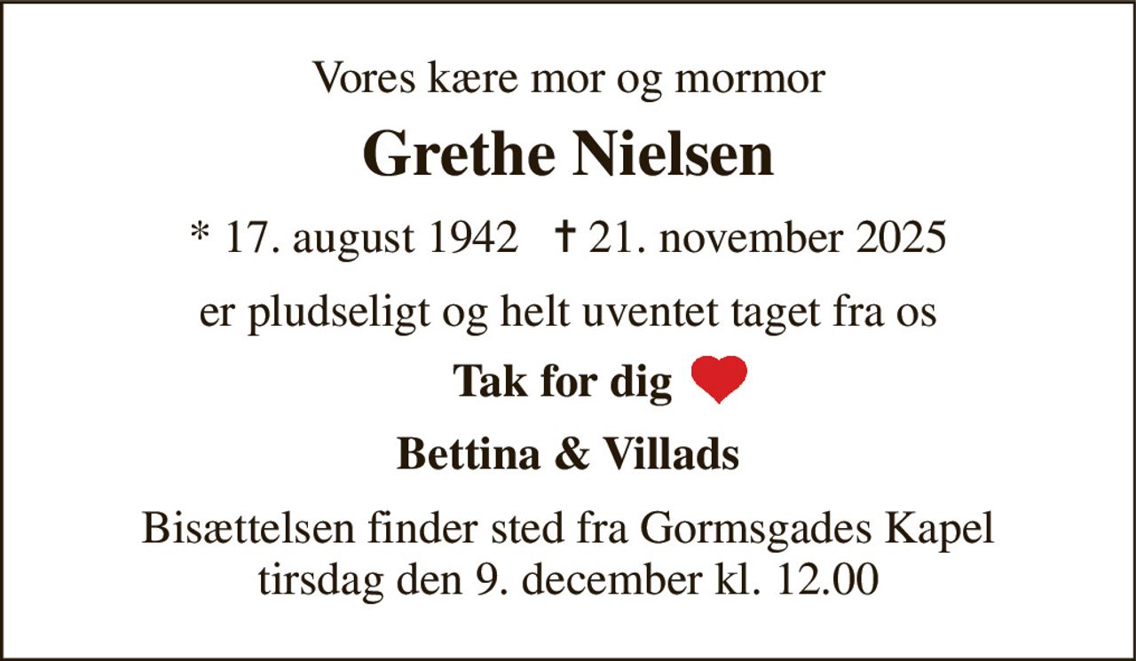 Grethe Nielsen | Danmarks største medie for mindesider og dødsannoncer