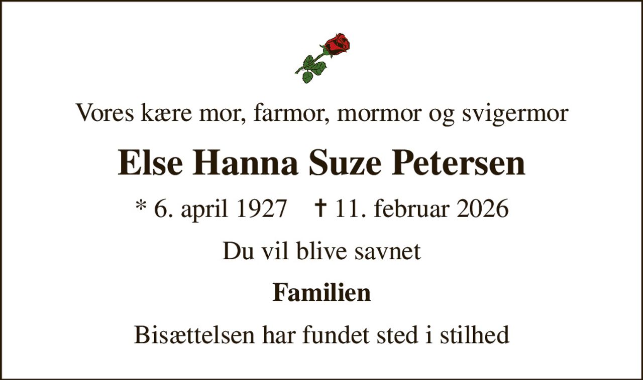 Else Hanna Suze Petersen | Danmarks største medie for mindesider og ...