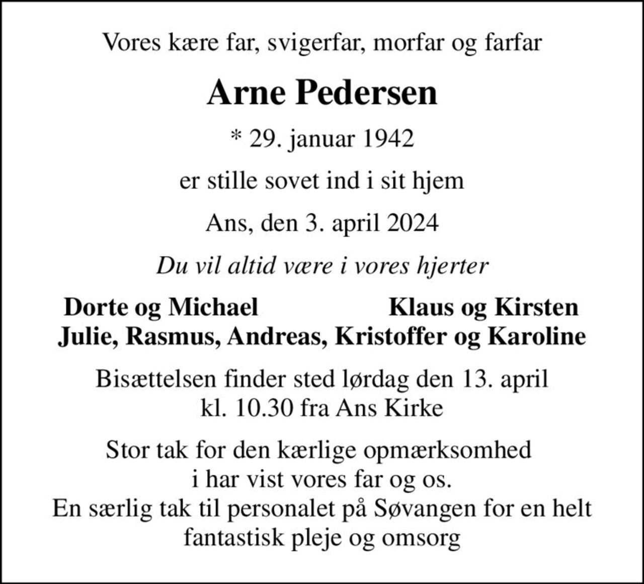 Arne Pedersen | Dødsannoncer i Danmark