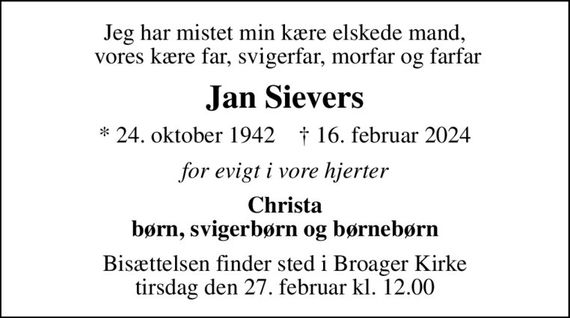 Jan Sievers | Dødsannoncer i Danmark