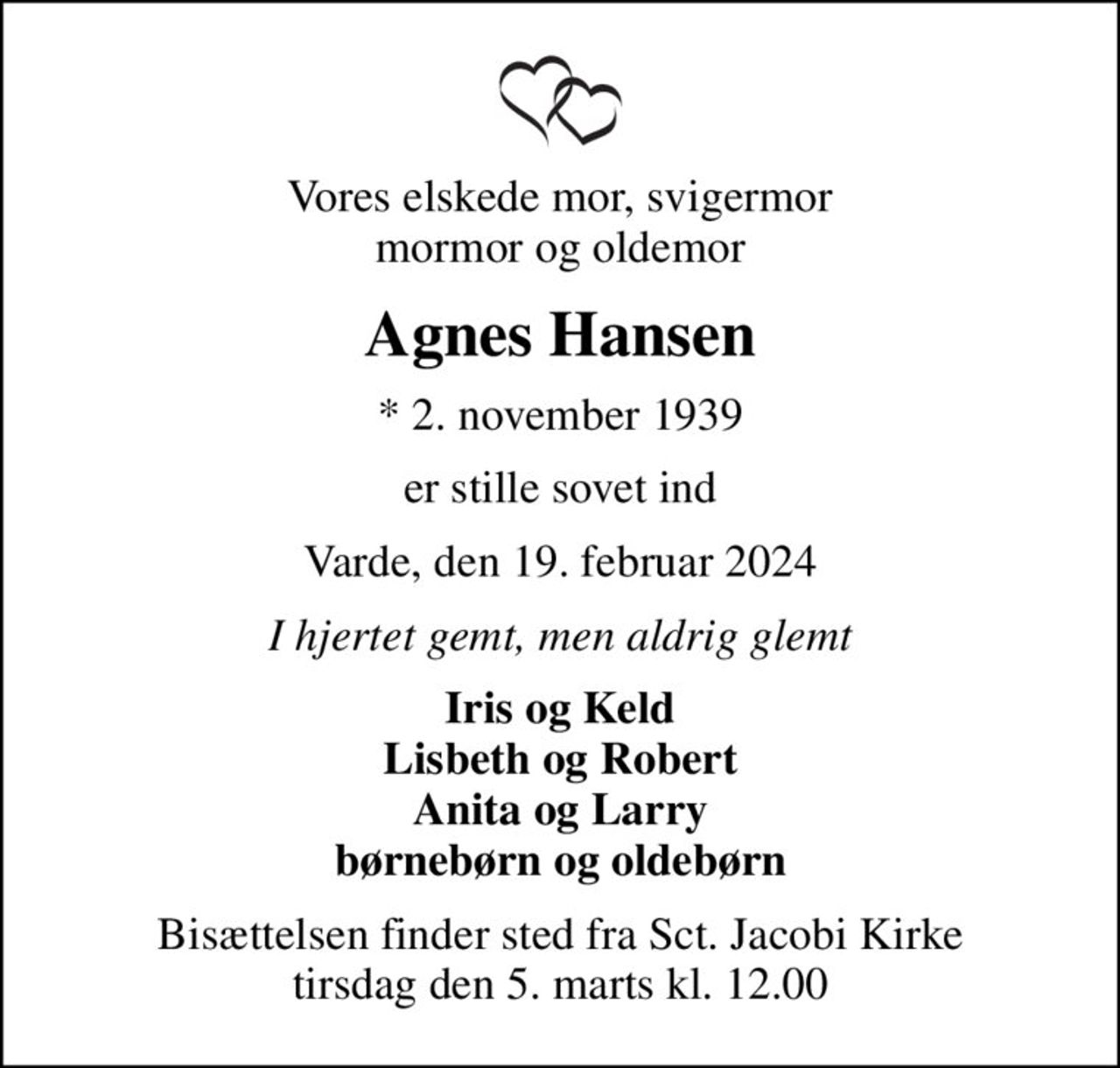 Agnes Hansen | Danmarks største medie for mindesider og dødsannoncer
