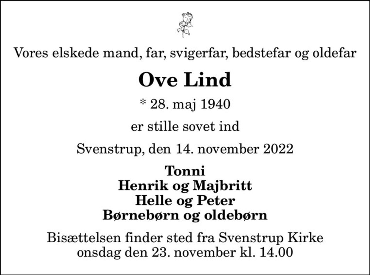 Ove Lind | Dødsannoncer i Danmark