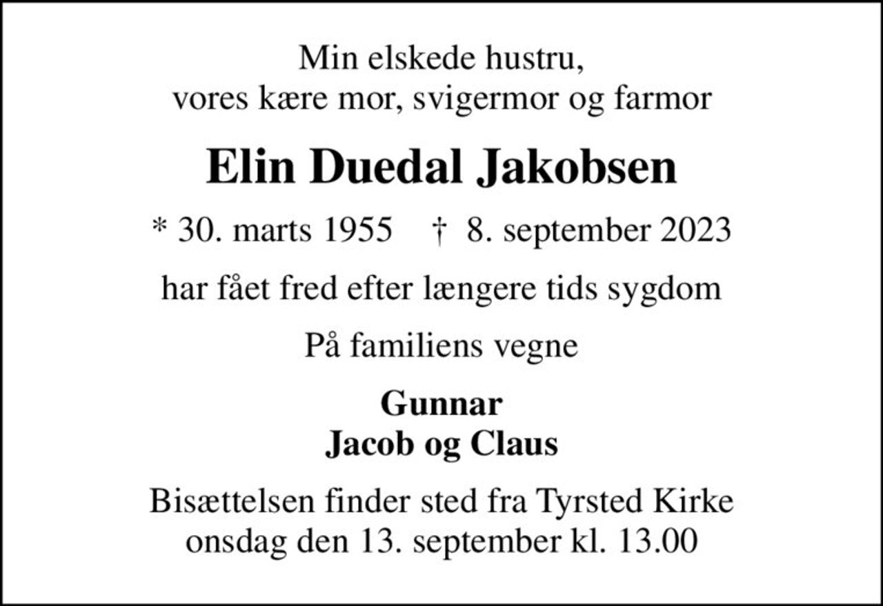 Elin Duedal Jakobsen | Dødsannoncer i Danmark