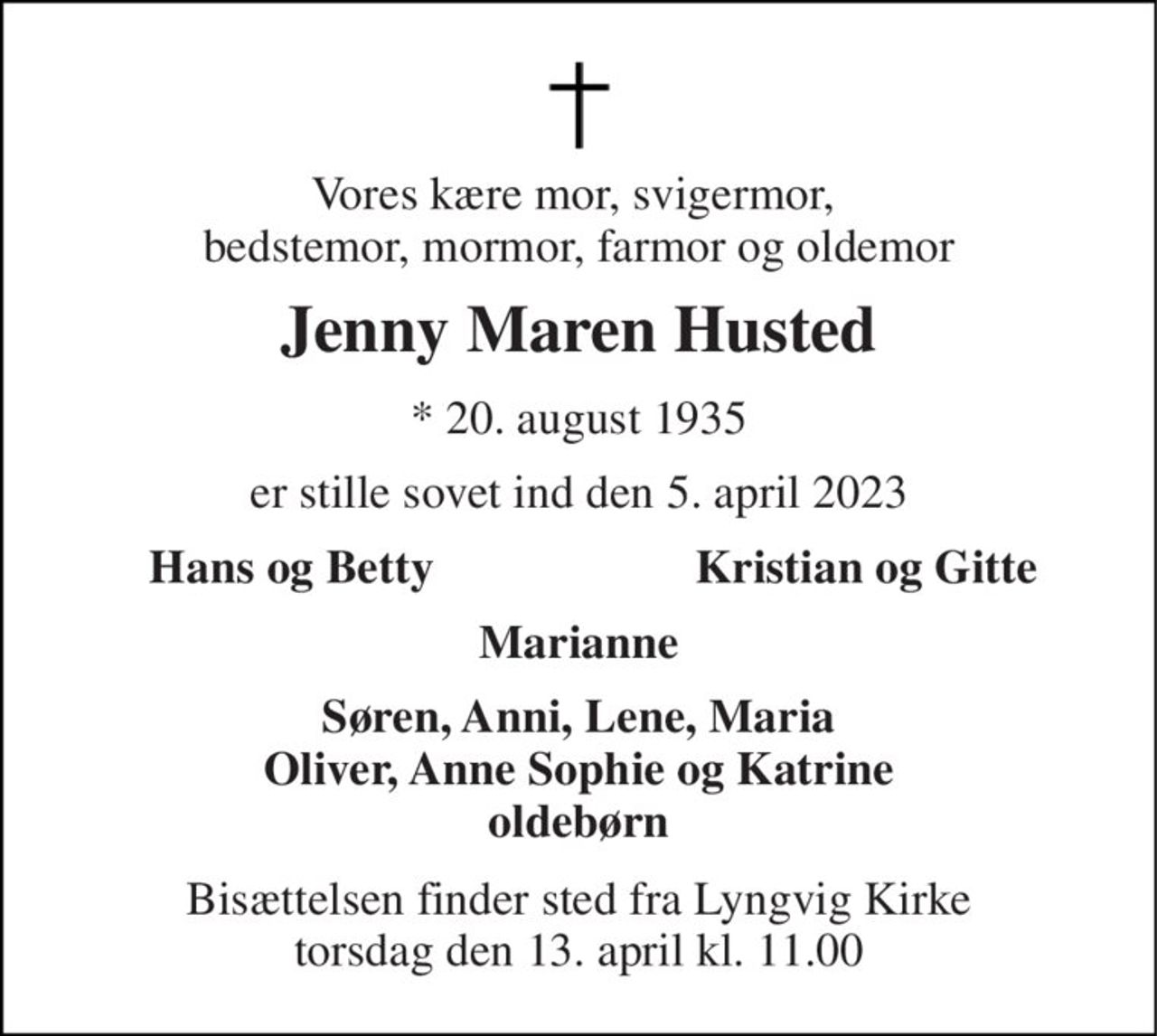 Jenny Maren Husted | Dødsannoncer i Danmark