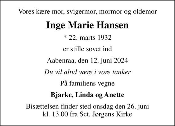 Inge Marie Hansen | Dødsannoncer i Danmark