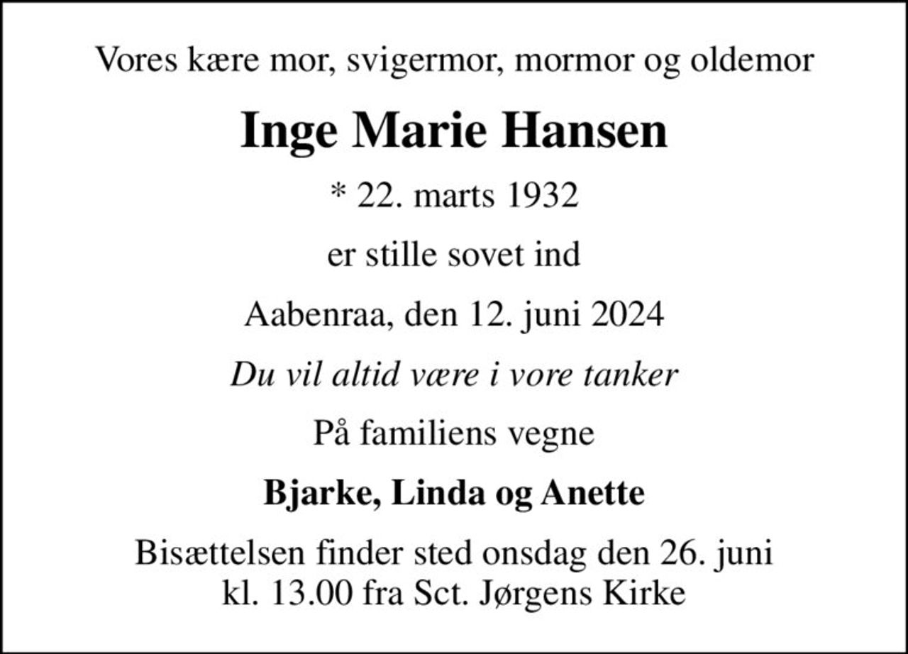 Inge Marie Hansen | Danmarks største medie for mindesider og dødsannoncer