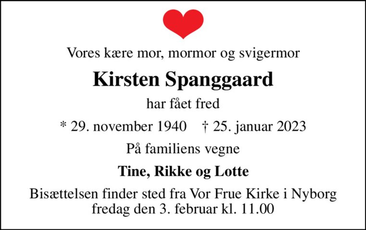 Kirsten Spanggaard | Danmarks største medie for mindesider og dødsannoncer