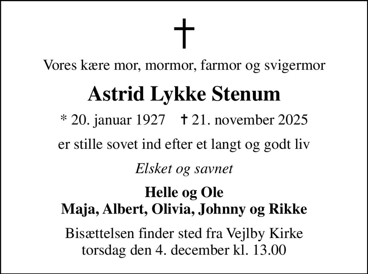 Astrid Lykke Stenum | Danmarks største medie for mindesider og dødsannoncer