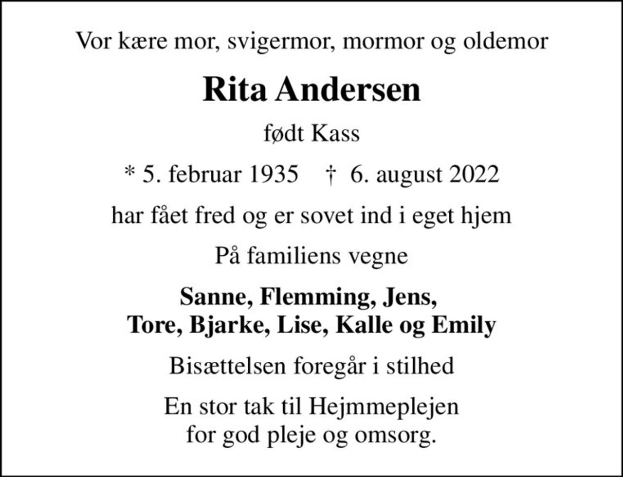 Rita Andersen | Danmarks største medie for mindesider og dødsannoncer