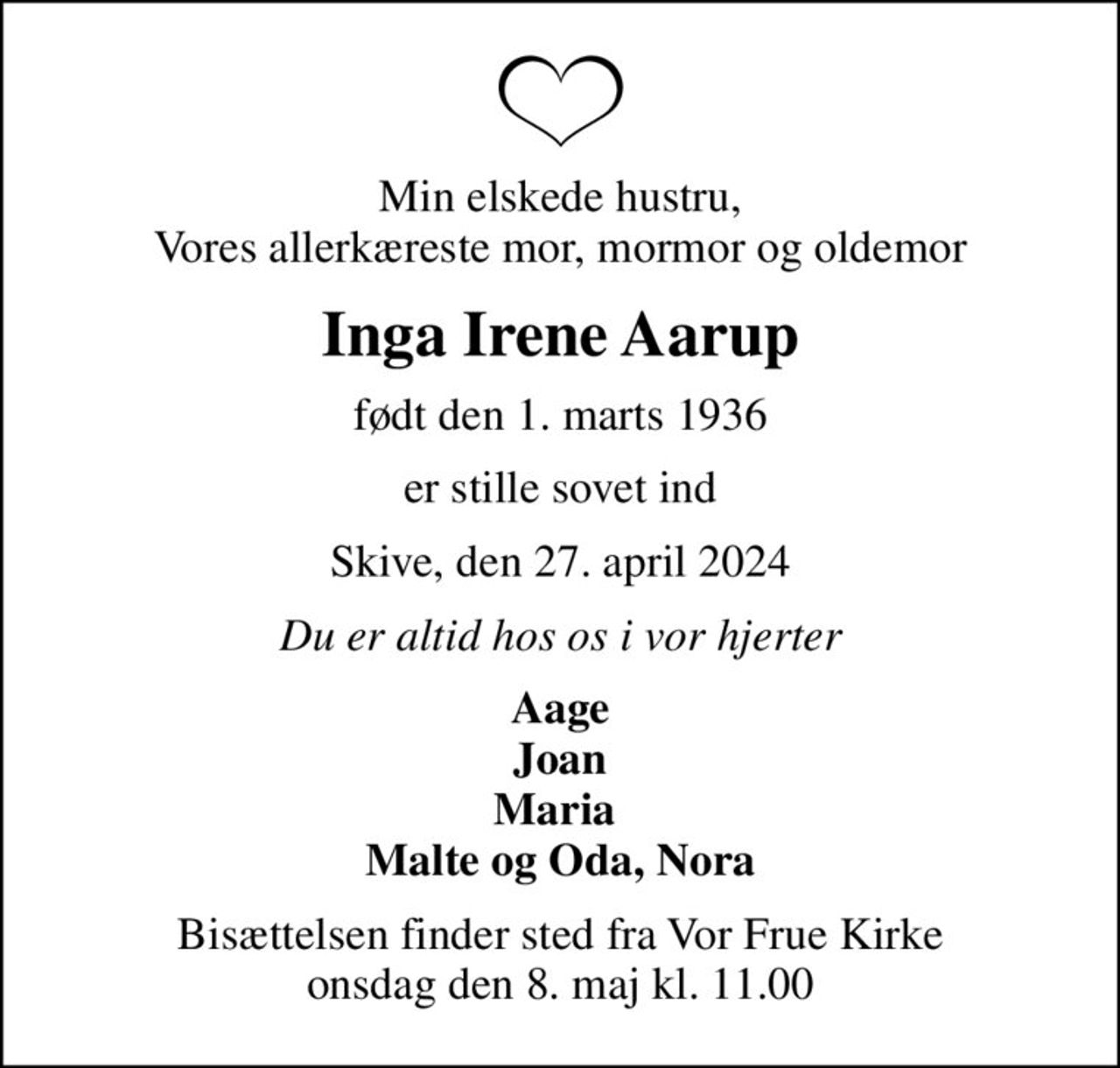 Inga Irene Aarup | Danmarks største medie for mindesider og dødsannoncer