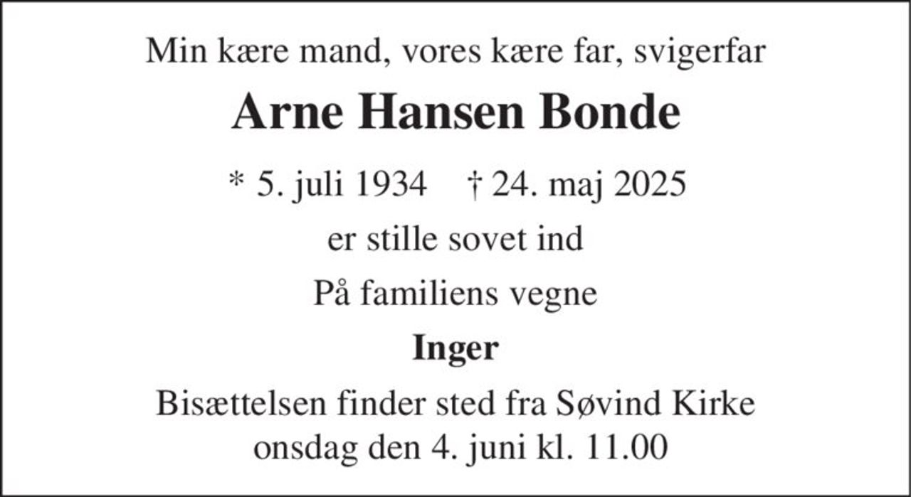 Arne Hansen Bonde | Dødsannoncer i Danmark