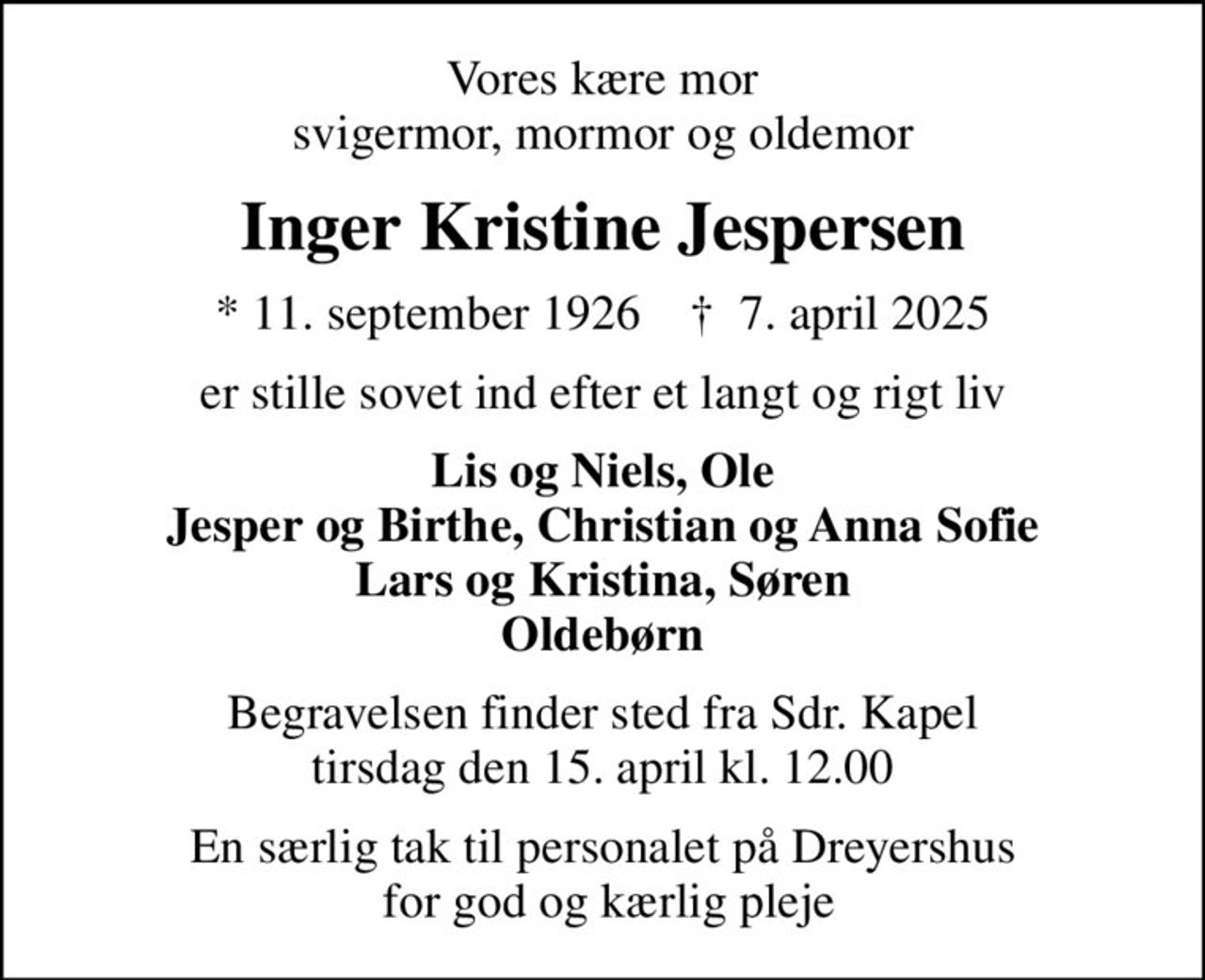 Inger Kristine Jespersen | Dødsannoncer i Danmark