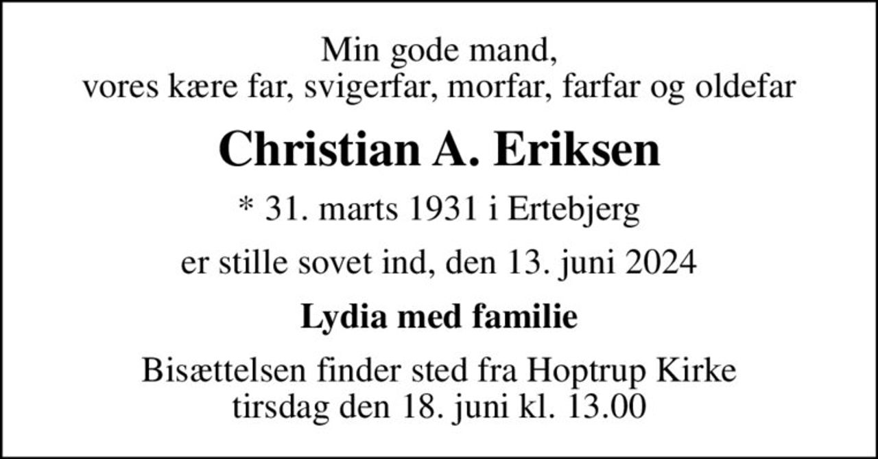Christian A. Eriksen | Dødsannoncer i Danmark