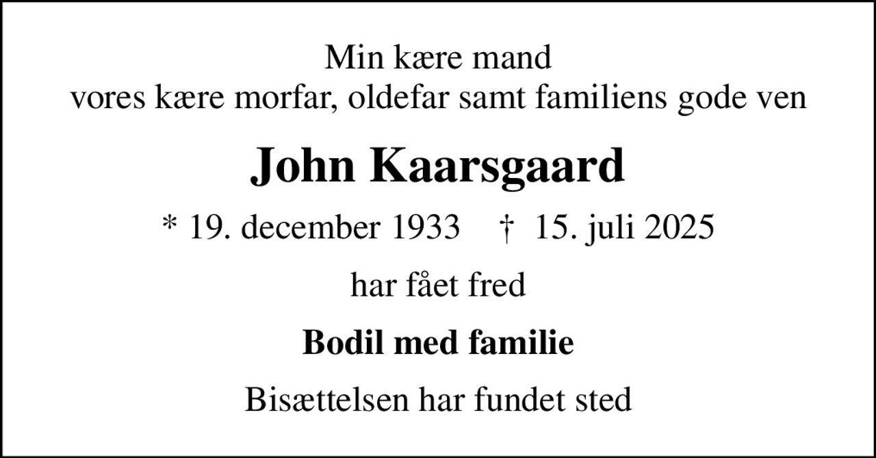 John Kaarsgaard | Dødsannoncer i Danmark