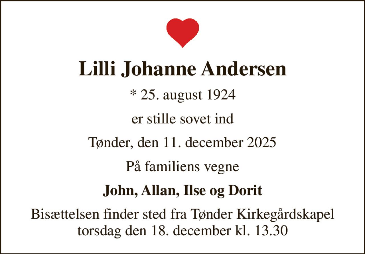 Lilli Johanne Andersen | Danmarks største medie for mindesider og dødsannoncer