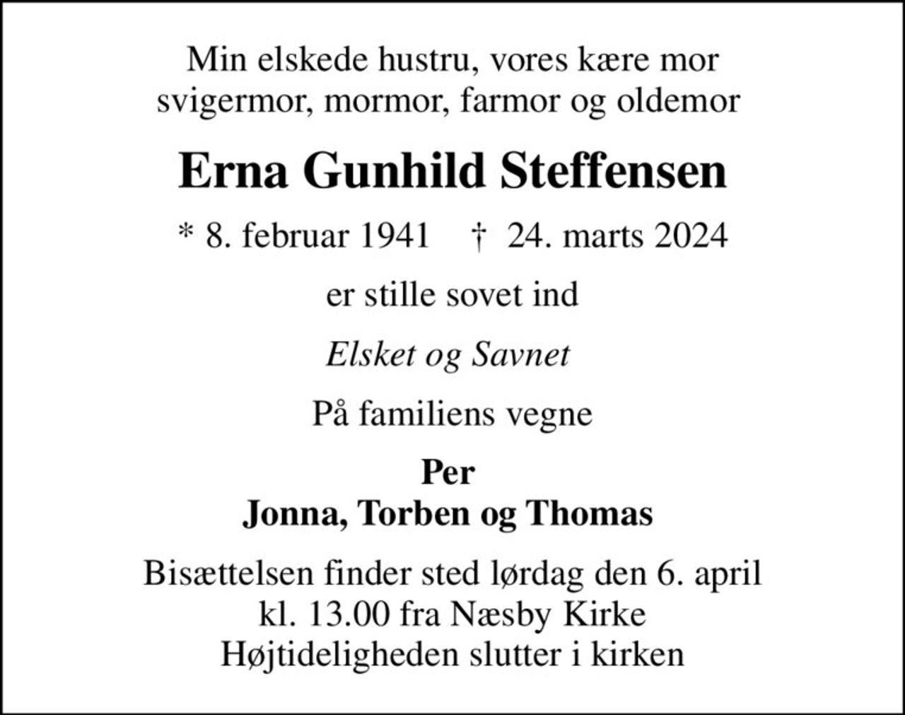 Erna Gunhild Steffensen | Dødsannoncer i Danmark