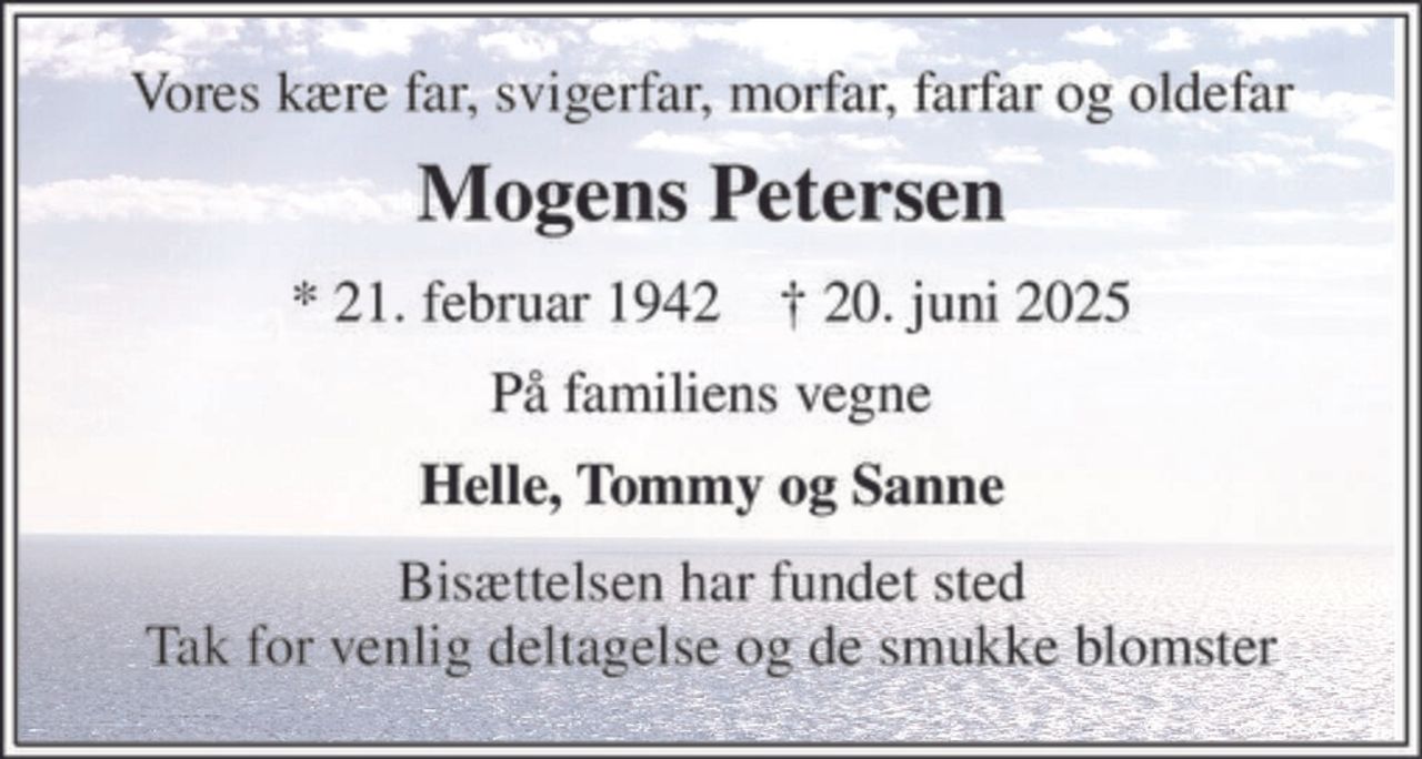 Mogens Petersen | Dødsannoncer i Danmark