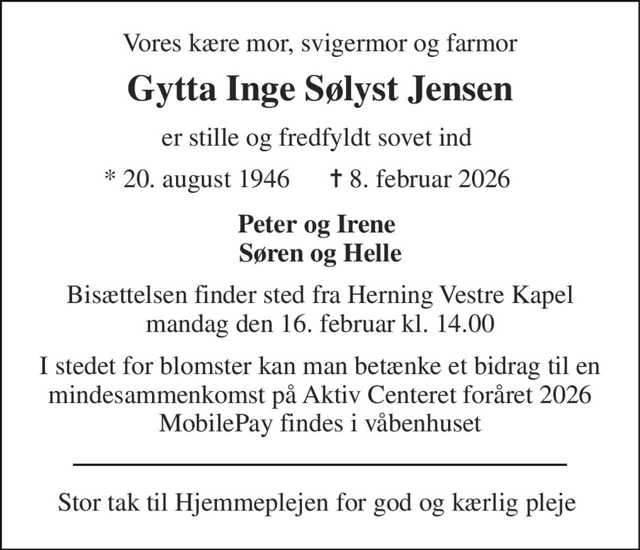 Gytta Inge Sølyst Jensen | Danmarks største medie for mindesider og ...