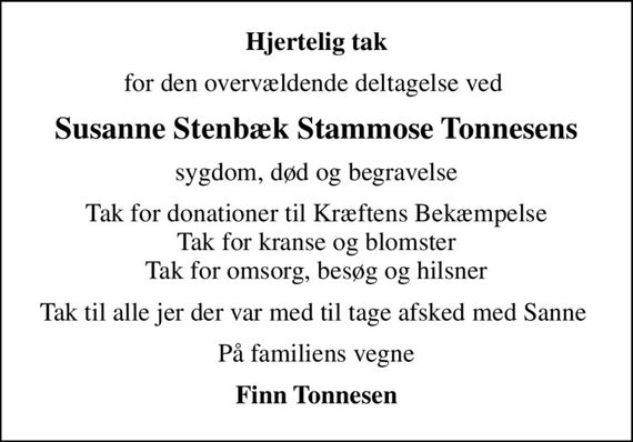 Susanne Stenbæk Stammose Tonnesen | Dødsannoncer i Danmark