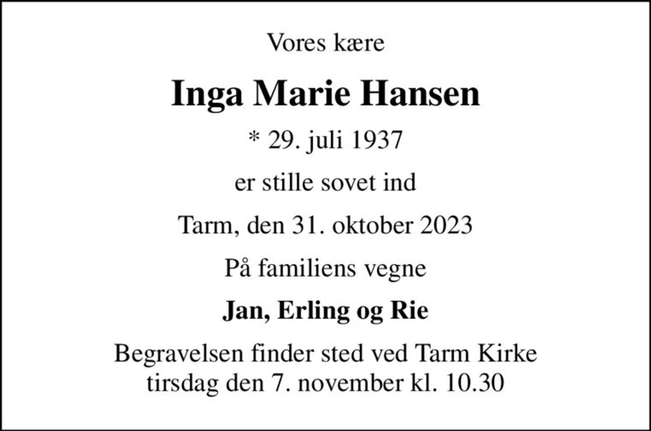 Inga Marie Hansen | Danmarks største medie for mindesider og dødsannoncer