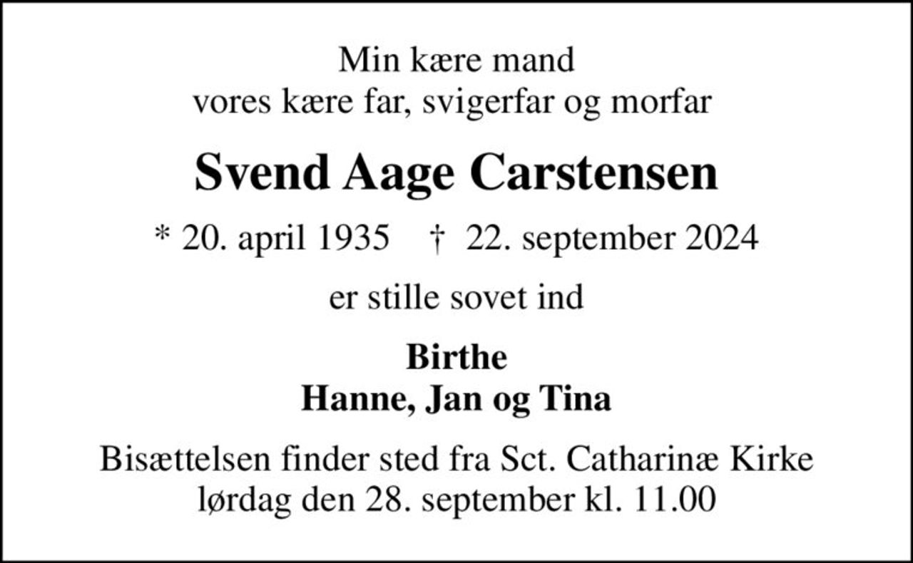 Svend Aage Carstensen | Dødsannoncer i Danmark