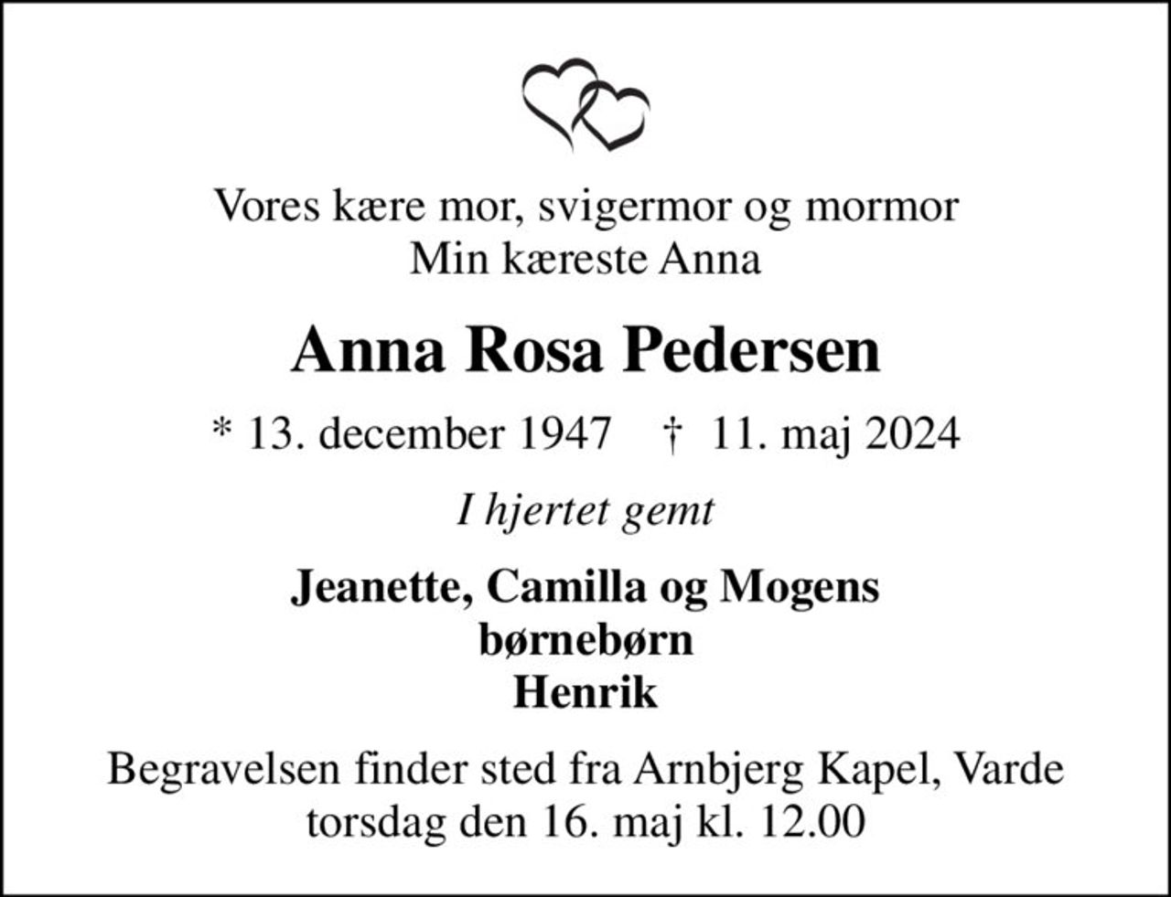 Anna Rosa Pedersen | Danmarks største medie for mindesider og dødsannoncer