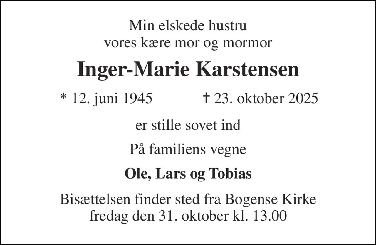 Inger Marie Karstensen | Danmarks største medie for mindesider og dødsannoncer
