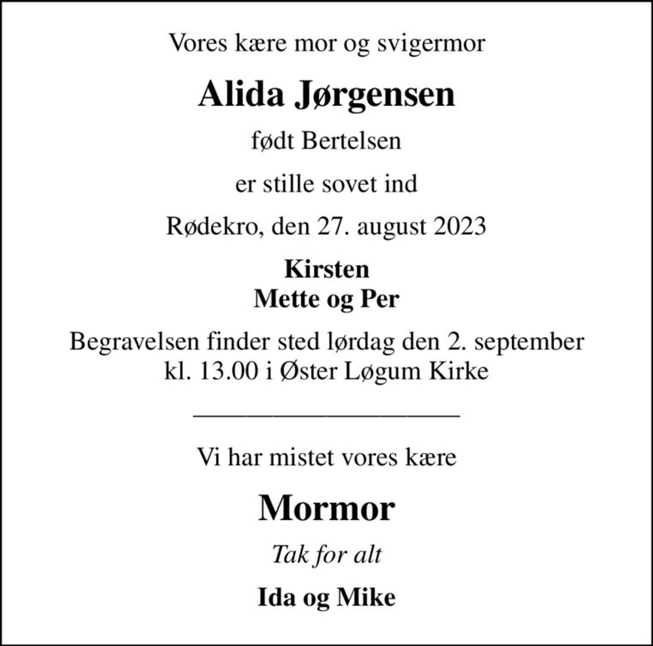 Alida Jørgensen | Danmarks største medie for mindesider og dødsannoncer