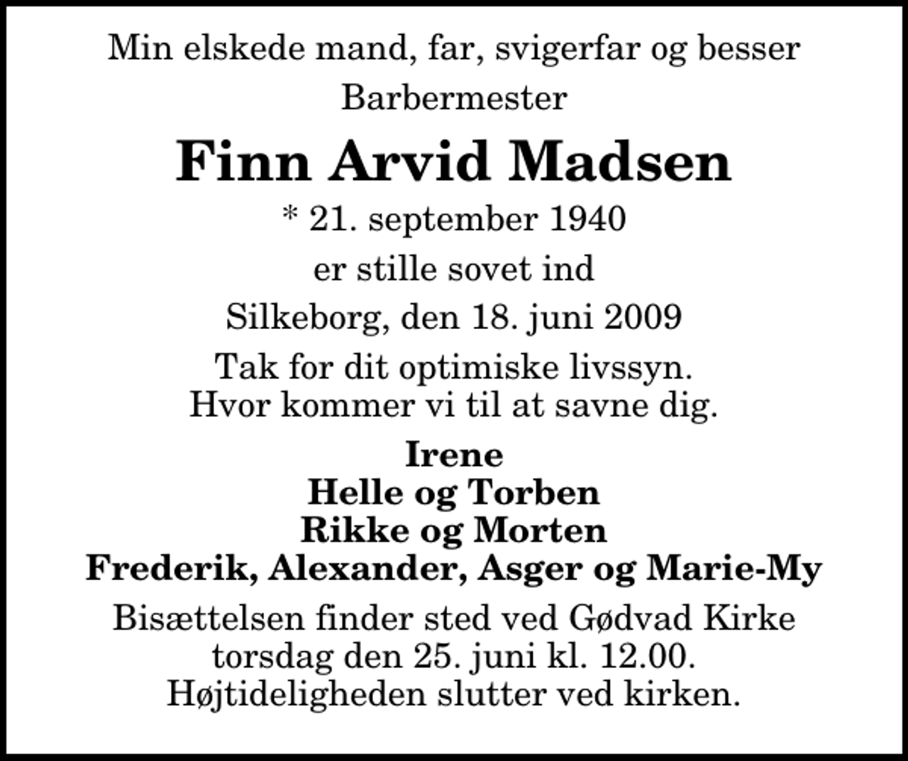 Finn Arvid Madsen | Dødsannoncer i Danmark