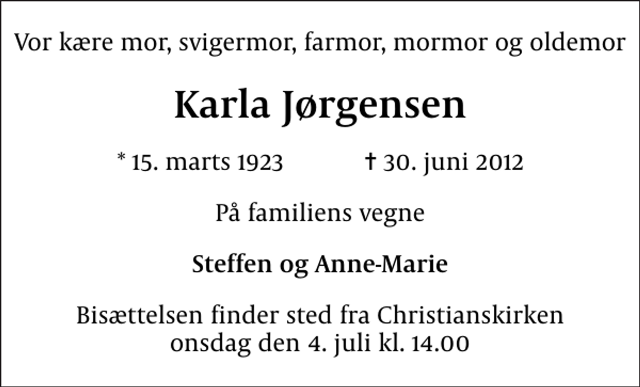 Karla Jørgensen | Dødsannoncer i Danmark