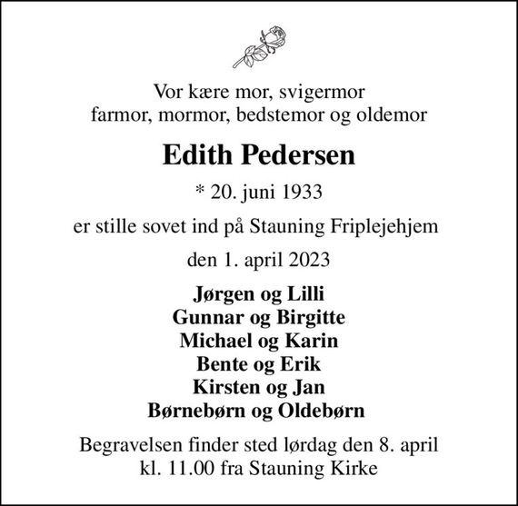 Edith Pedersen | Dødsannoncer i Danmark