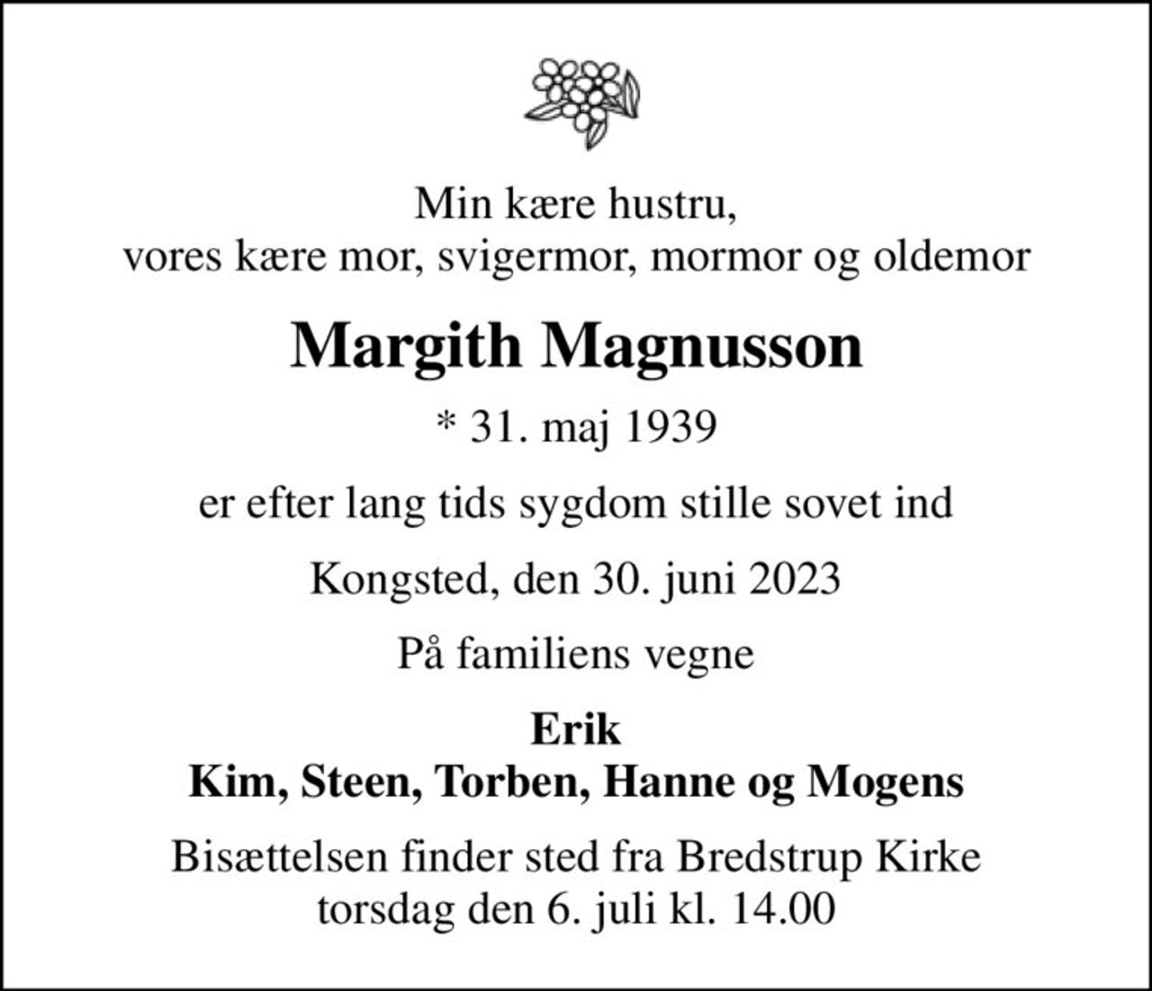 Margith Magnusson | Danmarks største medie for mindesider og dødsannoncer