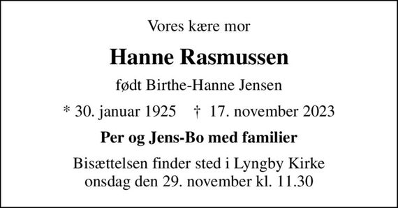 Birthe Hanne Rasmussen | Dødsannoncer i Danmark