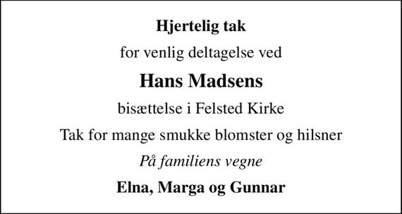 Hans Madsen | Dødsannoncer i Danmark