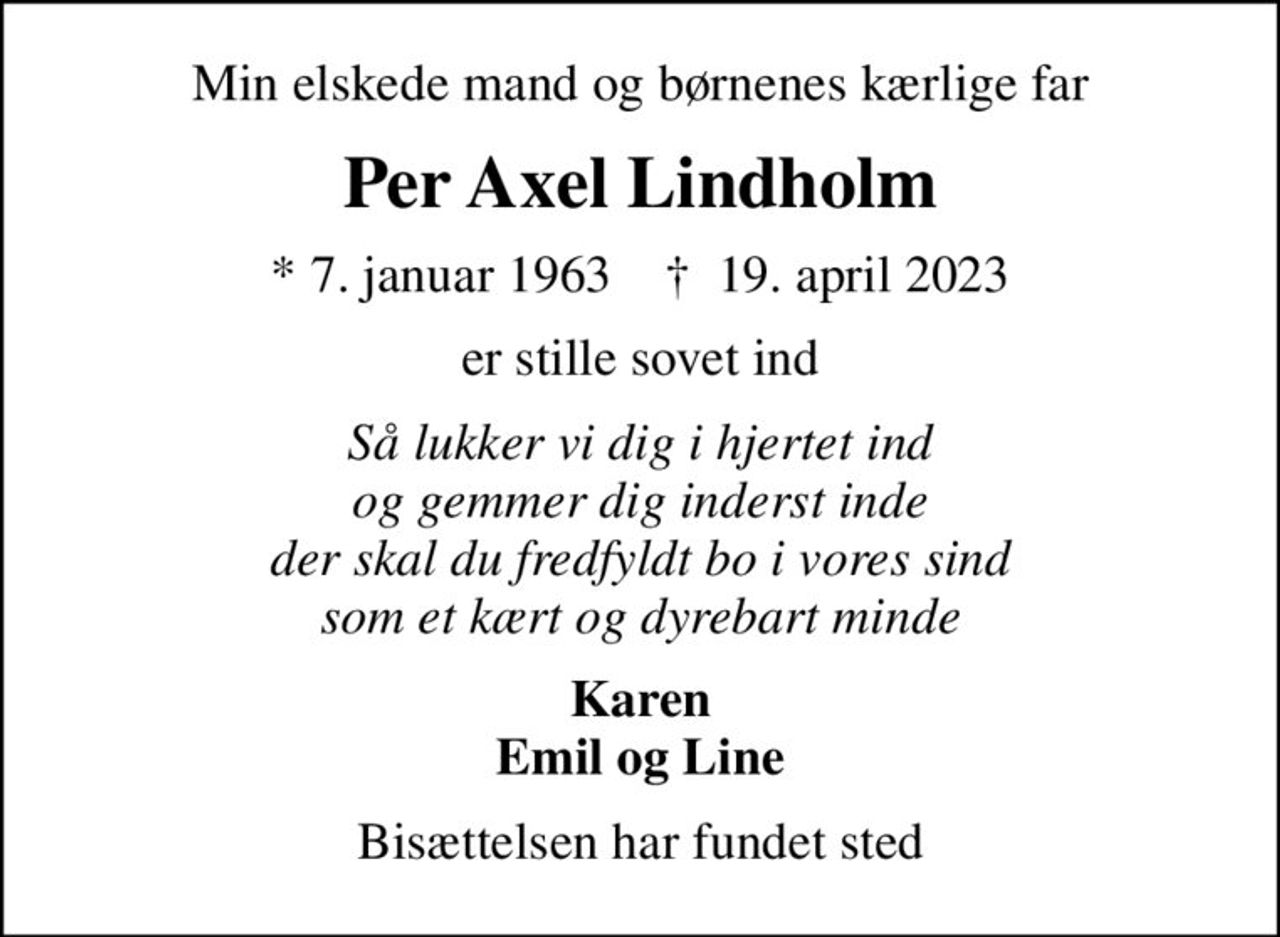 Per Axel Lindholm | Danmarks største medie for mindesider og dødsannoncer