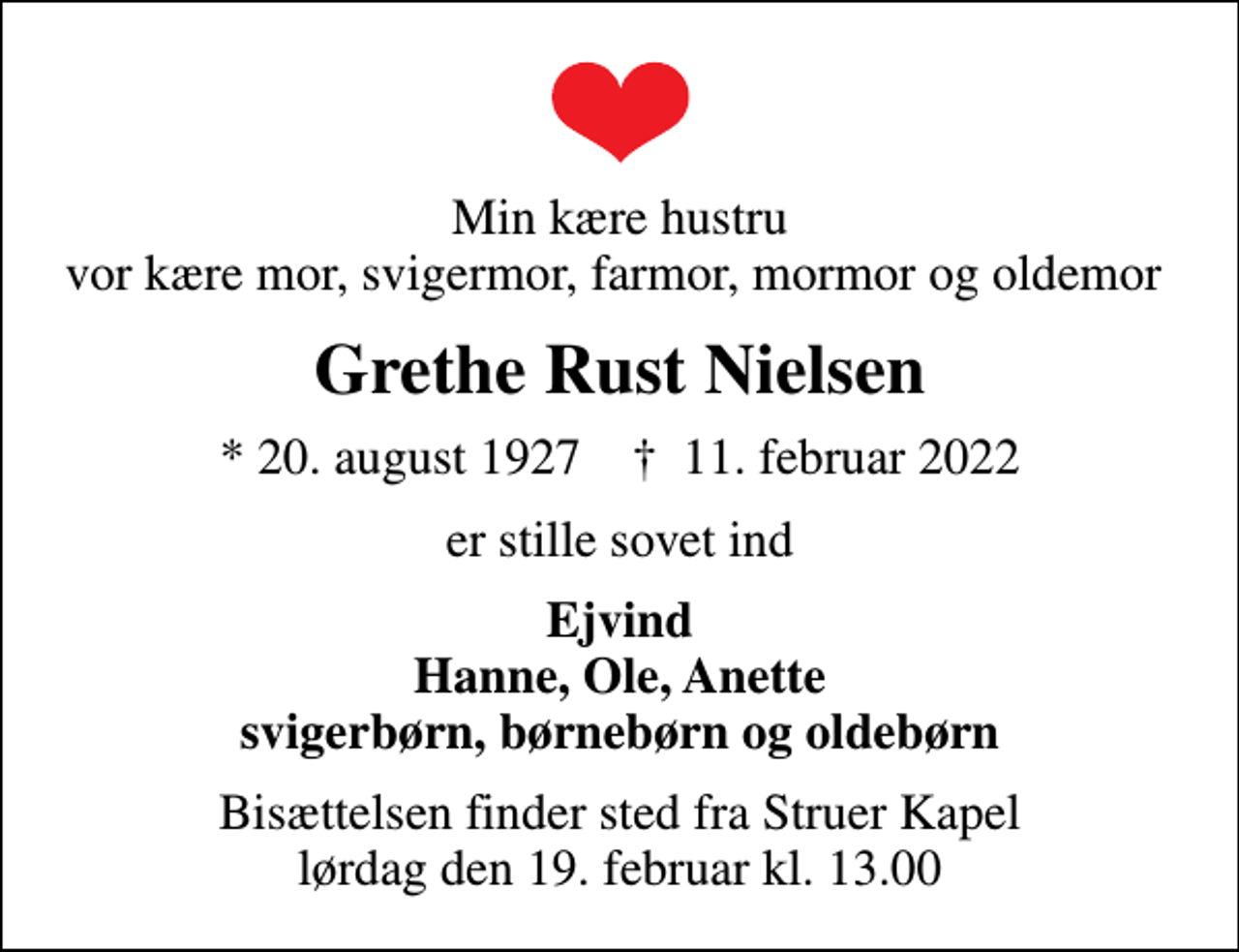 Grethe Rust Nielsen | Danmarks største medie for mindesider og dødsannoncer
