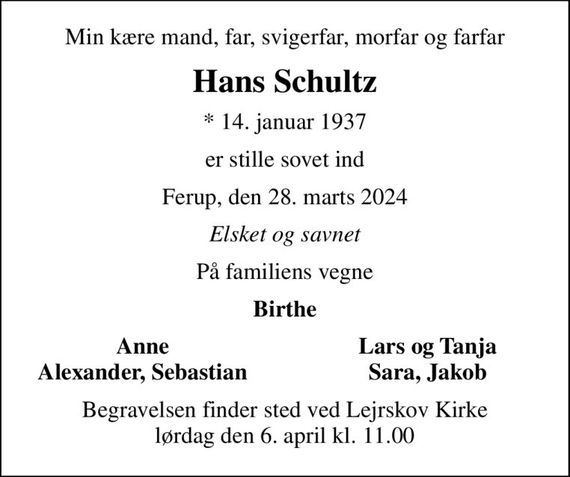 Hans Schultz | Dødsannoncer i Danmark