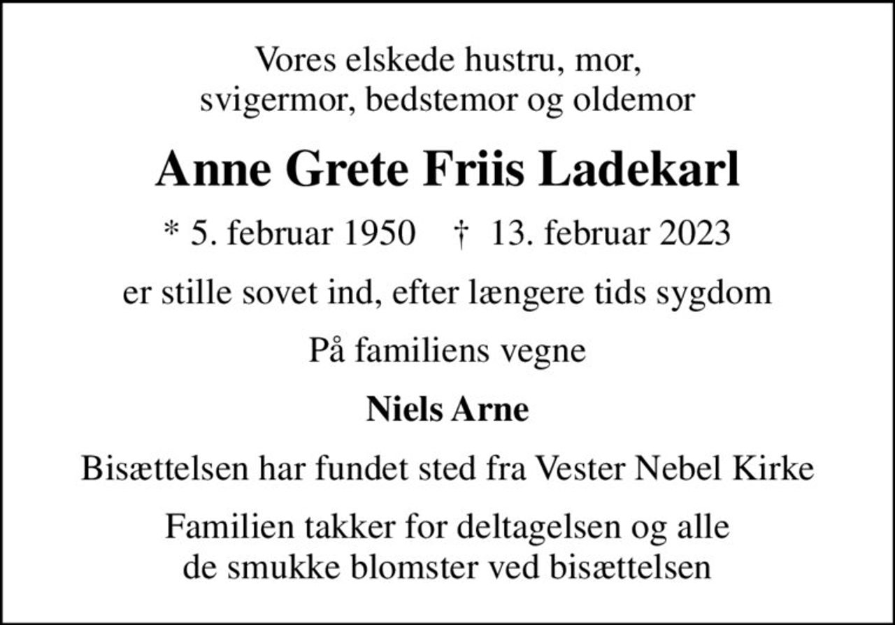 Anne Grete Friis Ladekarl | Dødsannoncer i Danmark