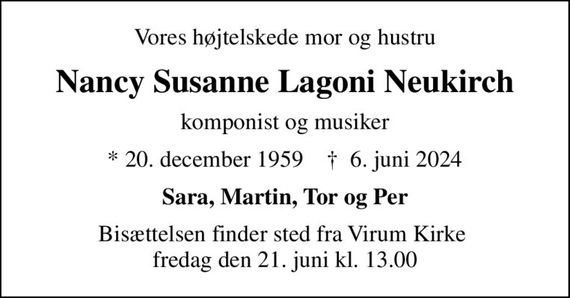 Nancy Susanne Lagoni Neukirch | Dødsannoncer i Danmark