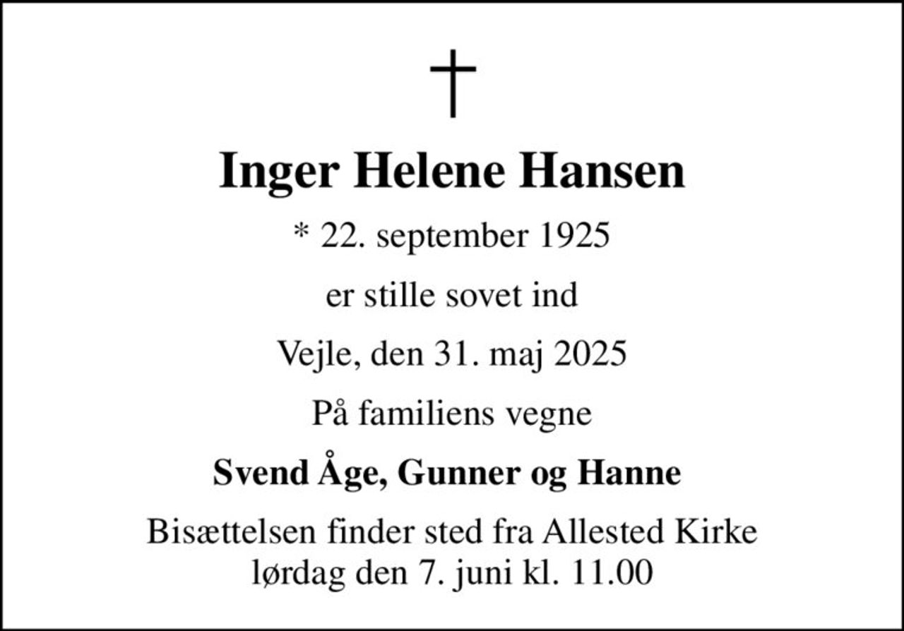 Inger Helene Hansen | Danmarks største medie for mindesider og dødsannoncer