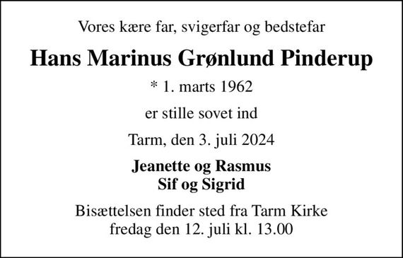 Hans Marinus Grønlund Pinderup | Dødsannoncer i Danmark