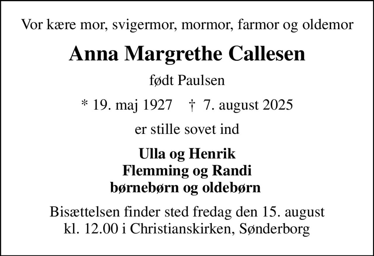 Anna Margrethe Callesen | Danmarks største medie for mindesider og ...
