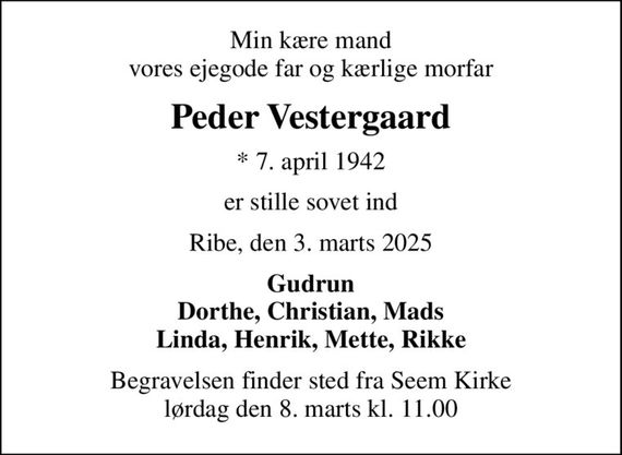 Peder Vestergaard | Dødsannoncer i Danmark