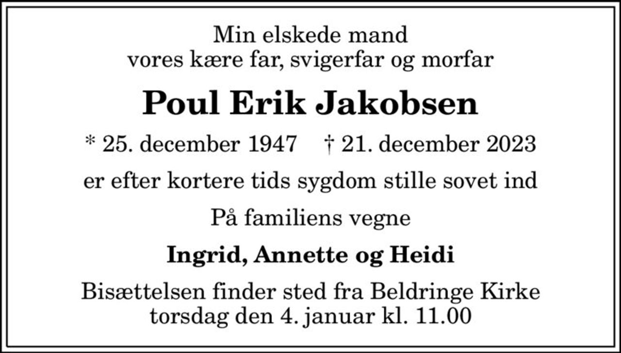 Poul Erik Jakobsen | Dødsannoncer i Danmark