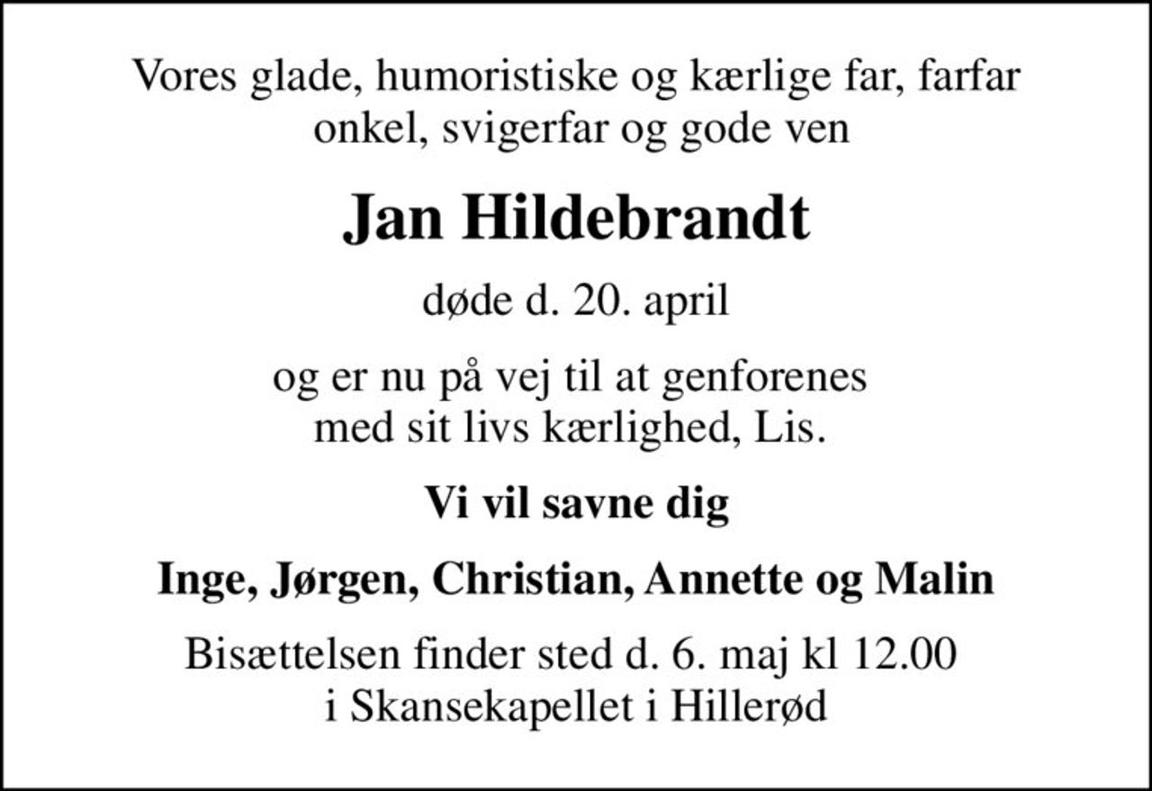 Jan Hildebrandt | Dødsannoncer i Danmark