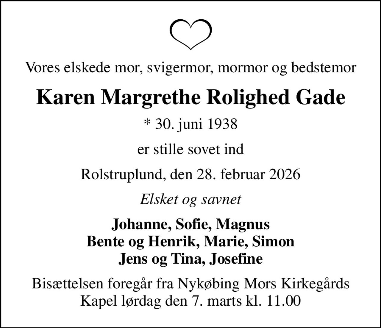 Karen Margrethe Rolighed Gade | Danmarks største medie for mindesider ...